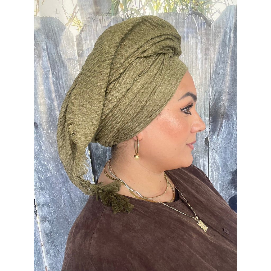 Cozy Israeli Waffled + Tassel Details Headwrap - Olive – The Little ...