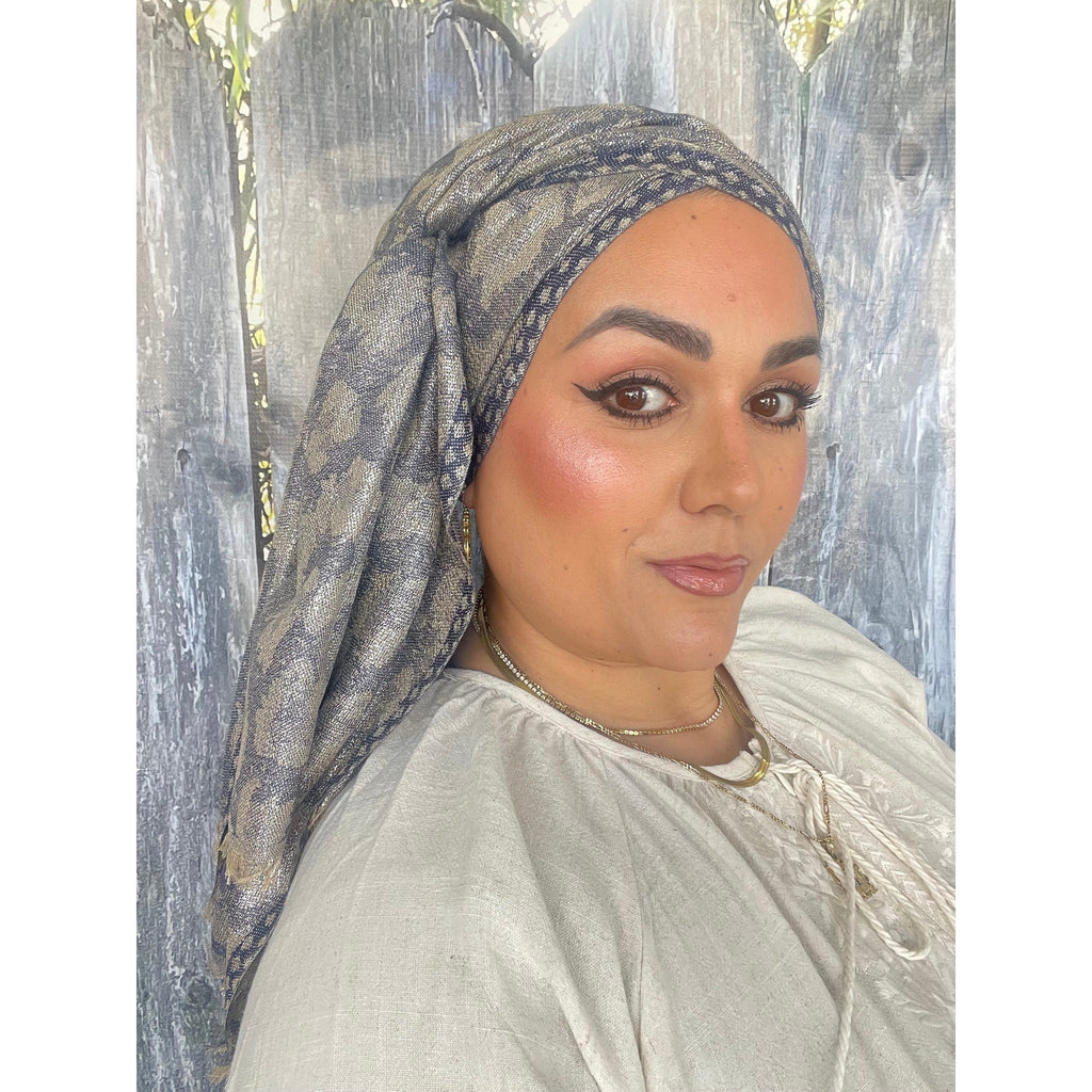 Israeli Malka Print Long Wrap - Navy – The Little Tichel Lady